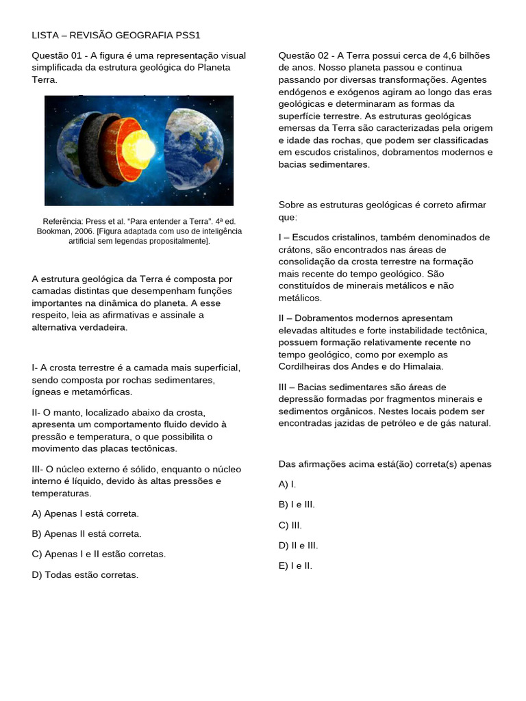 Estruturas Geológicas da Terra: Revisão PSS1 | PDF | Placas tectônicas ...