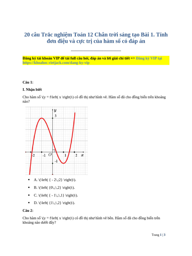 20 Cau Trac Nghiem Toan 12 Chan Troi Sang Tao Bai 1 Tinh Don Dieu Va Cuc Tri Cua Ham So Co Dap ...