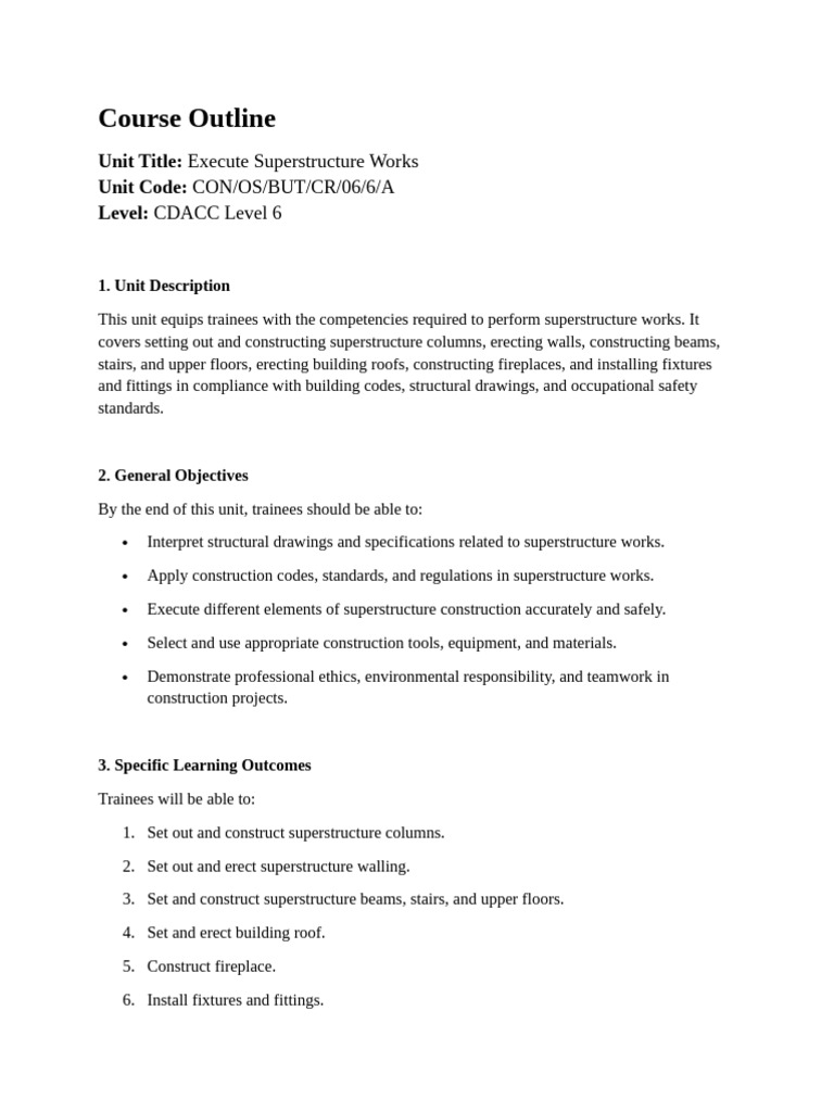 Course Outline Superstructure Works | PDF | Concrete | Roof