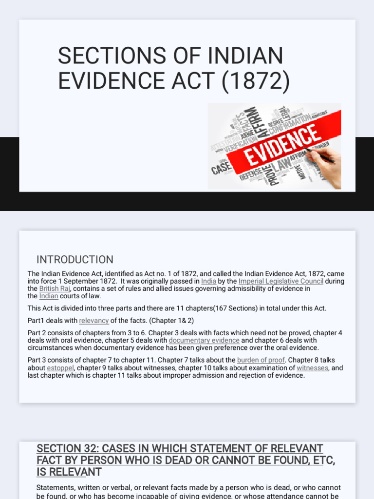 Overview of Indian Evidence Act Sections | PDF | Evidence (Law) | Legal ...