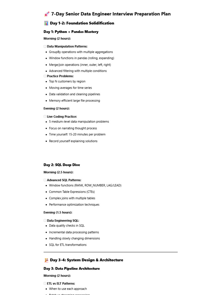 7-Day Senior Data Engineer Interview Prep | PDF | Databases | Computing