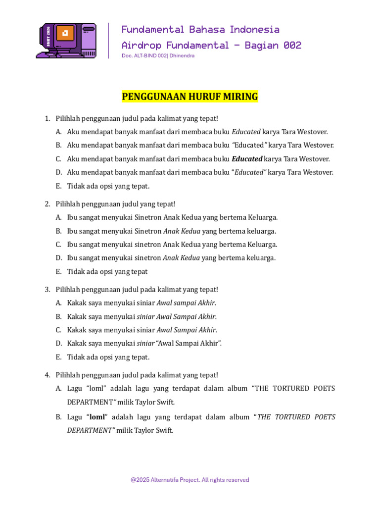 Soal-BIND - 02. Penggunaan Huruf Miring | PDF