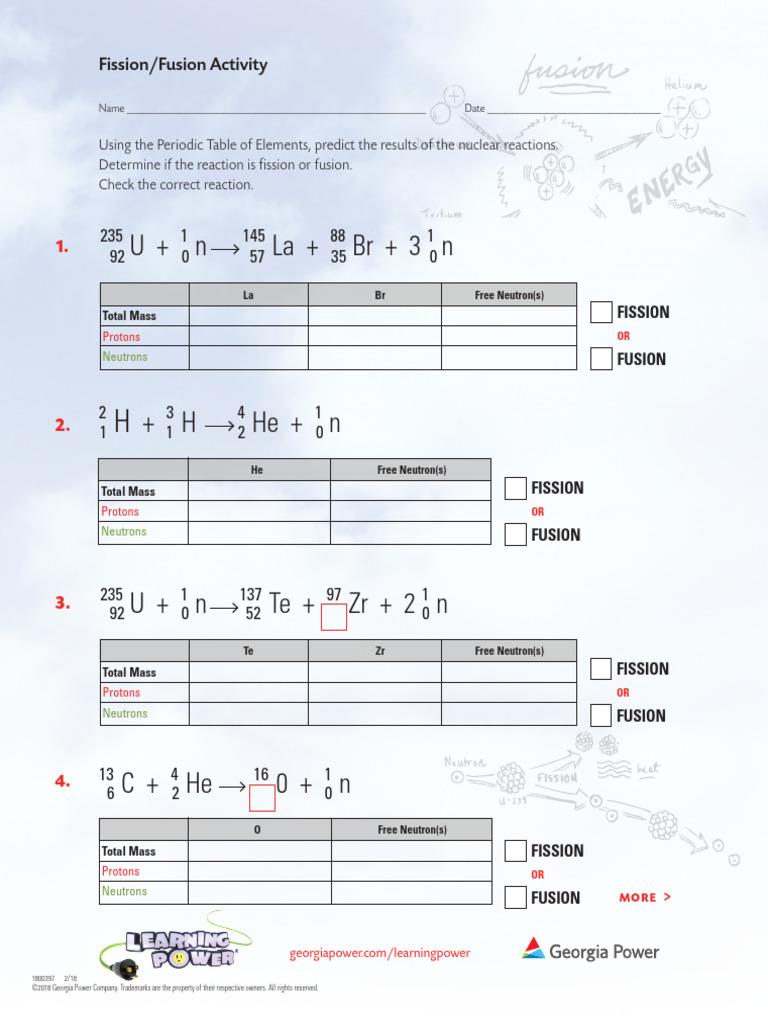 Nuclear Fission Fusion Activity Sheet 2025 | PDF | Neutron | Nuclear ...