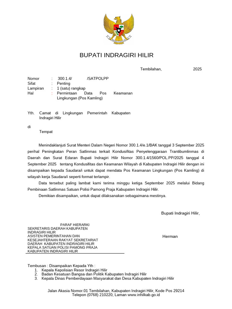 SURAT BUPATI 2025 Tentang Permintaan Data Siskamling | PDF