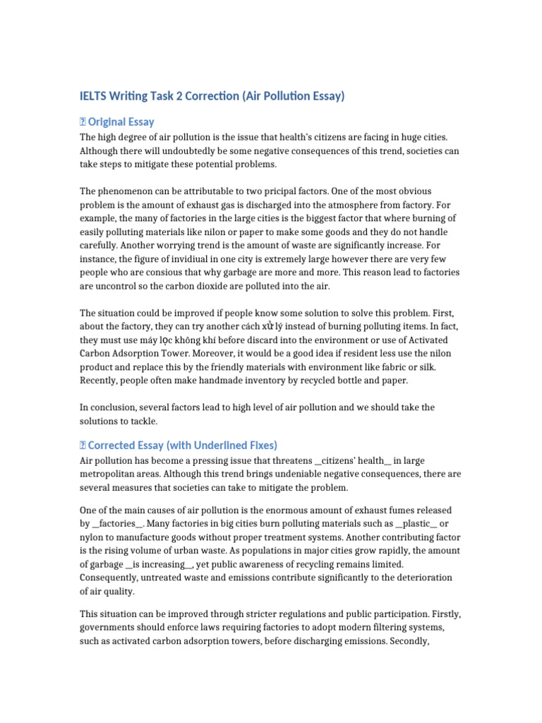 IELTS Air Pollution Essay Correction | PDF | Pollution | Air Pollution
