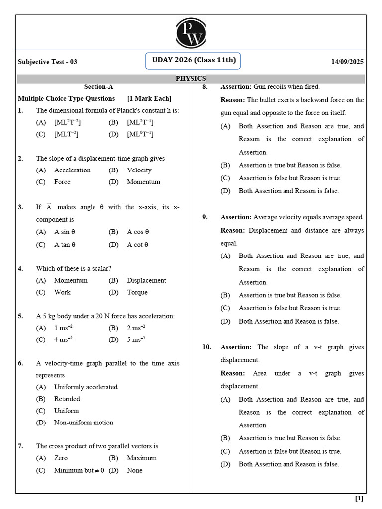 Subjective Test 03 - Test Paper Solution (Physics) PDF | PDF | Force ...