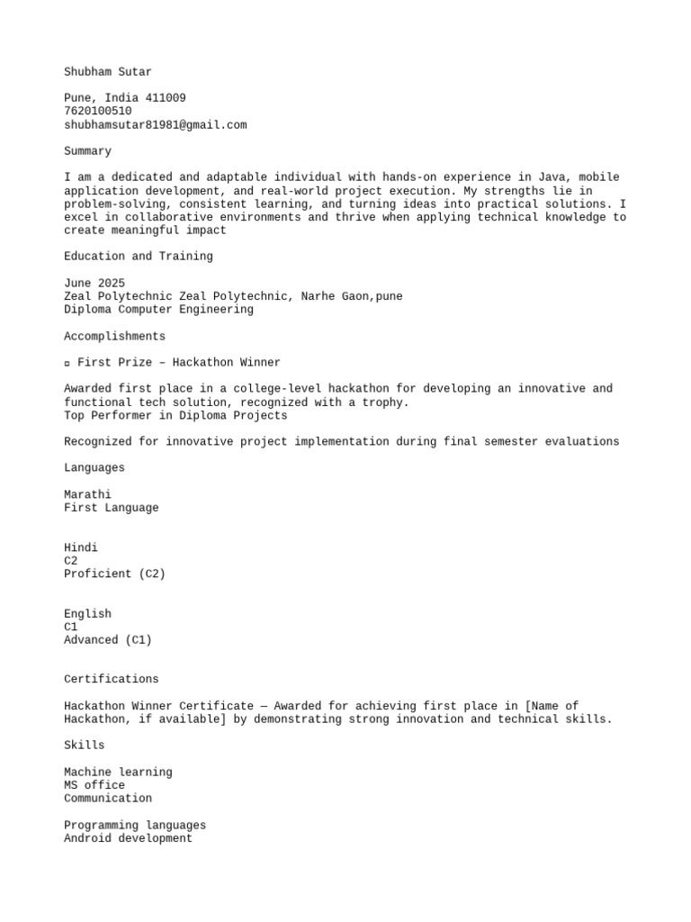Shubham Sutar Resume | PDF