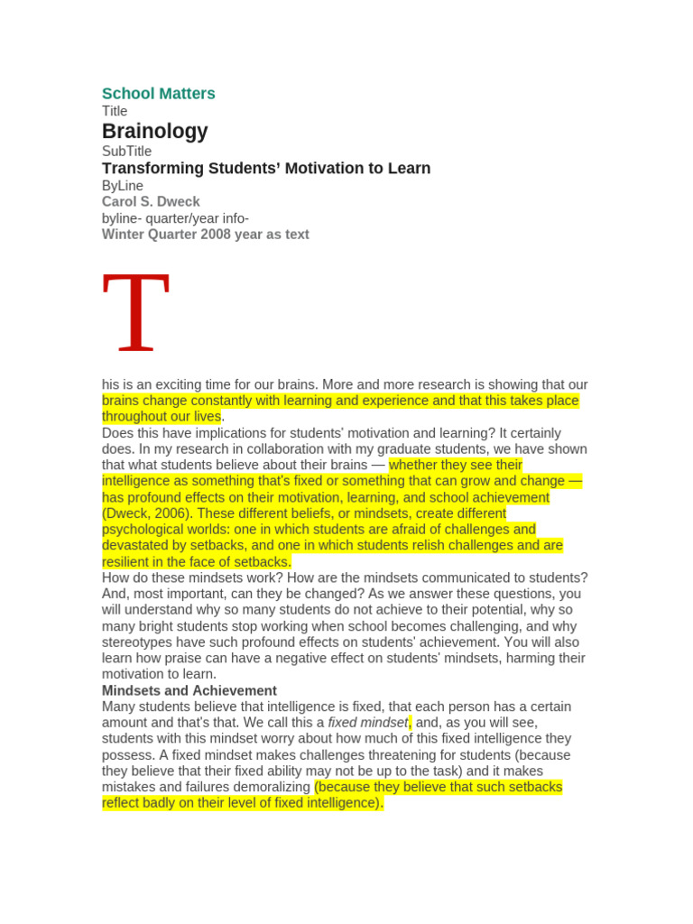 Brainology-Word-Doc (1) Preview and Highlight | PDF | Mindset | Learning