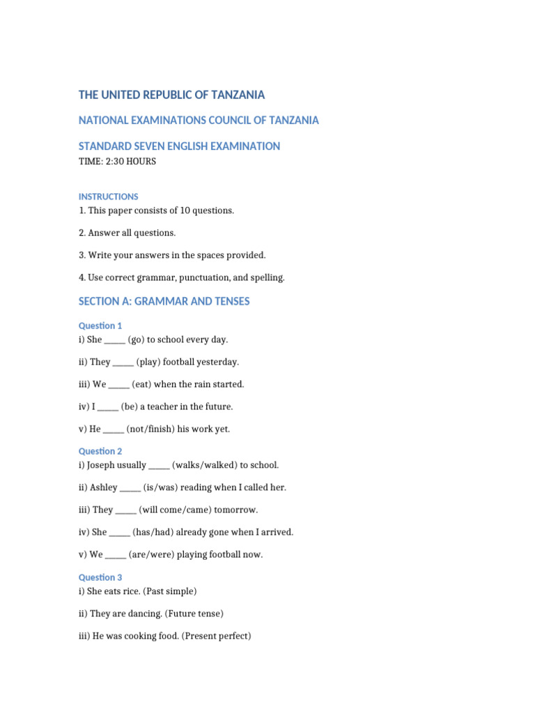 Standard Seven English Exam Paper | PDF | Linguistics
