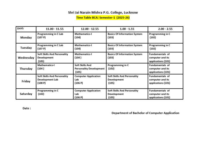 BCA Semester-1 Time Table 2025-26 | PDF