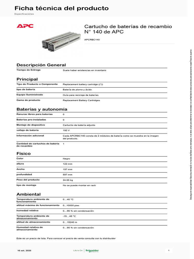 Schneider Electric APC Cartuchos de Baterías de Recambio APCRBC140 ...