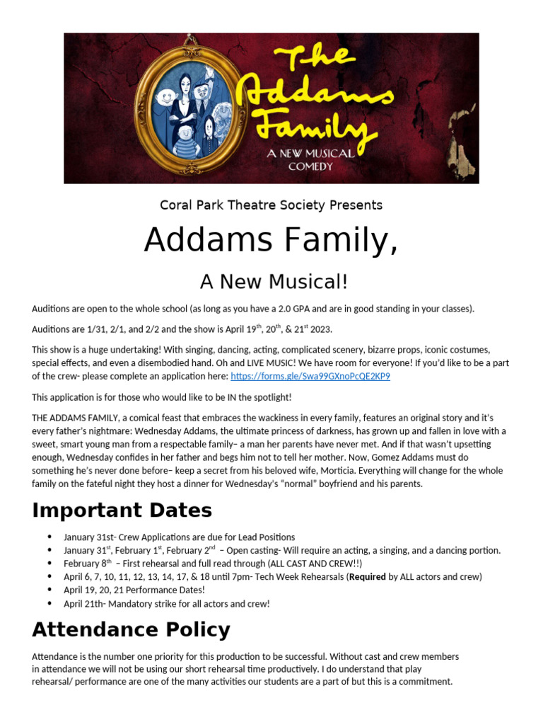 Addams Family Audition Information Packet | PDF | Audition | Performing ...