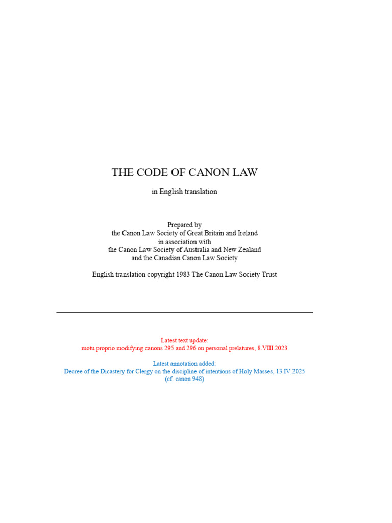 Code of Canon Law (Latin Rite) | PDF | Catholic Church | Catholic ...