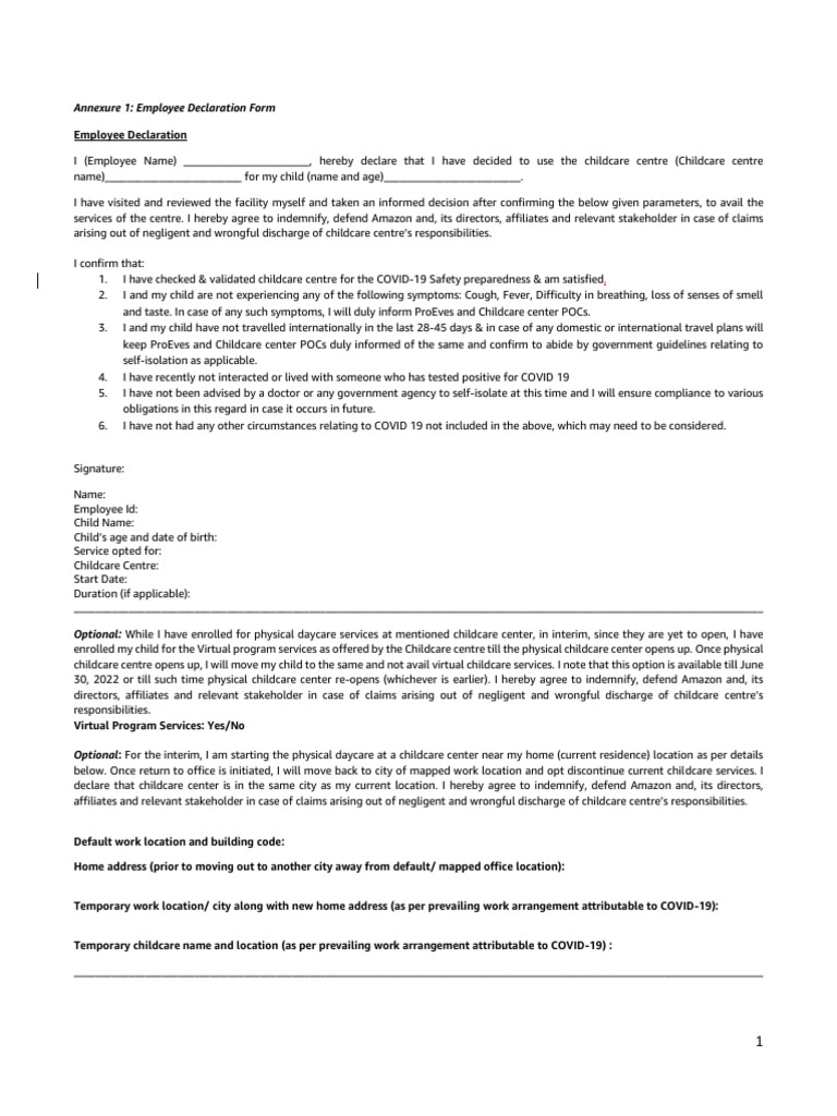 Amazon Employee Childcare Declaration Form | PDF | Child Care
