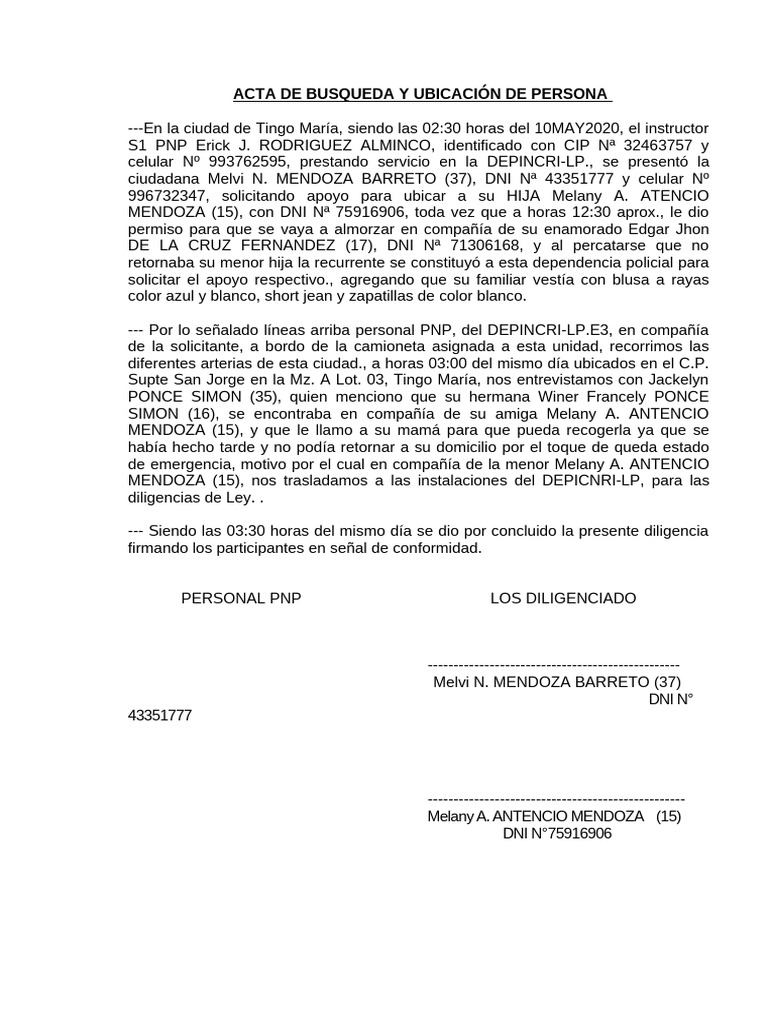 ACTA DE APOYO DE BUSQUEDA DE PERSONA DESAPARECIDA | PDF