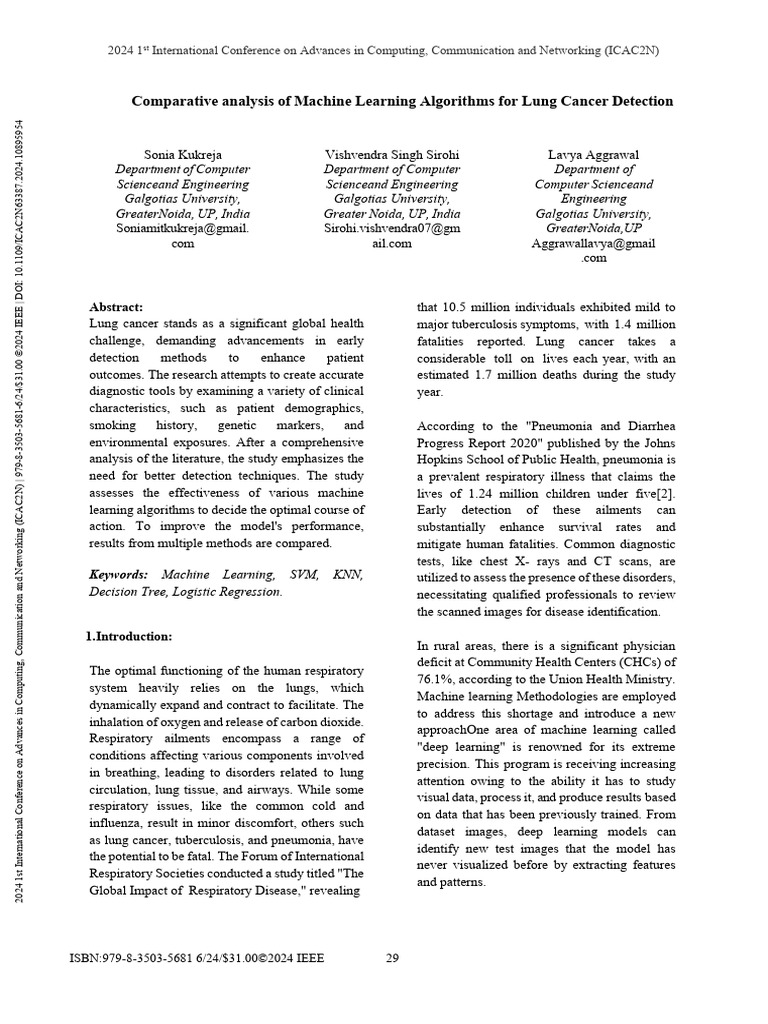 Comparative Analysis of Machine Learning Algorithms For Lung Cancer Detection | PDF | Machine ...