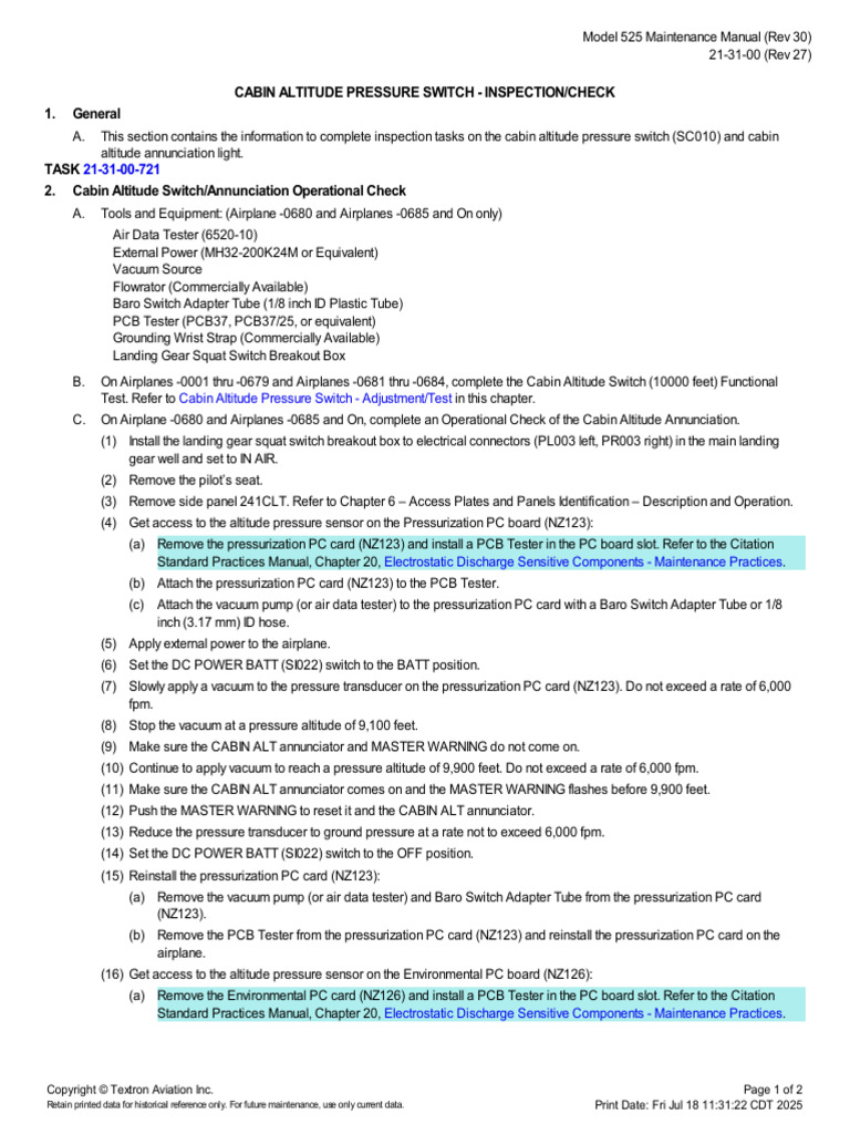 Cabin Altitude Pressure Switch - Inspection | PDF | Pressure ...