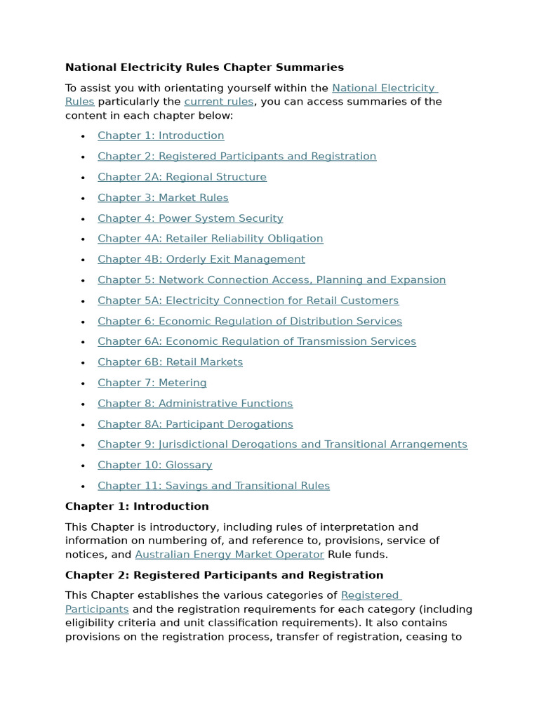 National Electricity Rules Chapter Overview | PDF