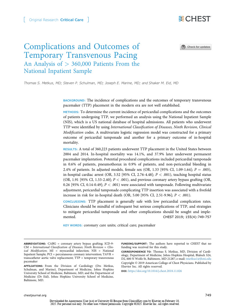 Outcomes of Temporary Transvenous Pacing | PDF | Patient | Internal ...