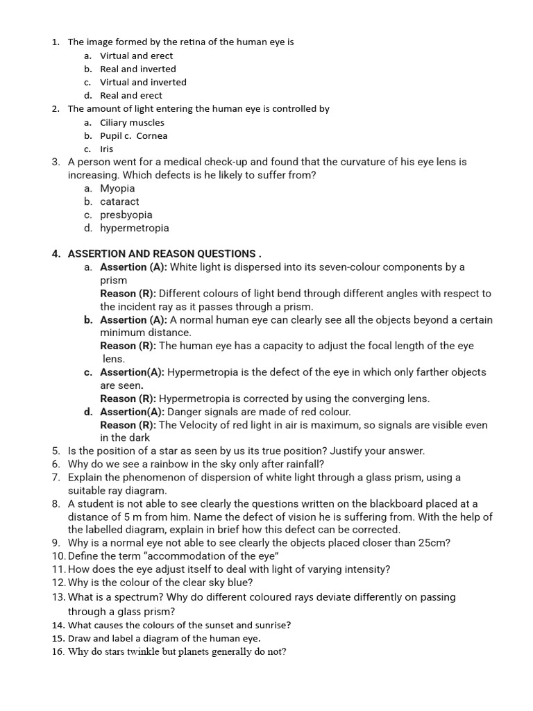 10th Human Eyes Worksheet | PDF