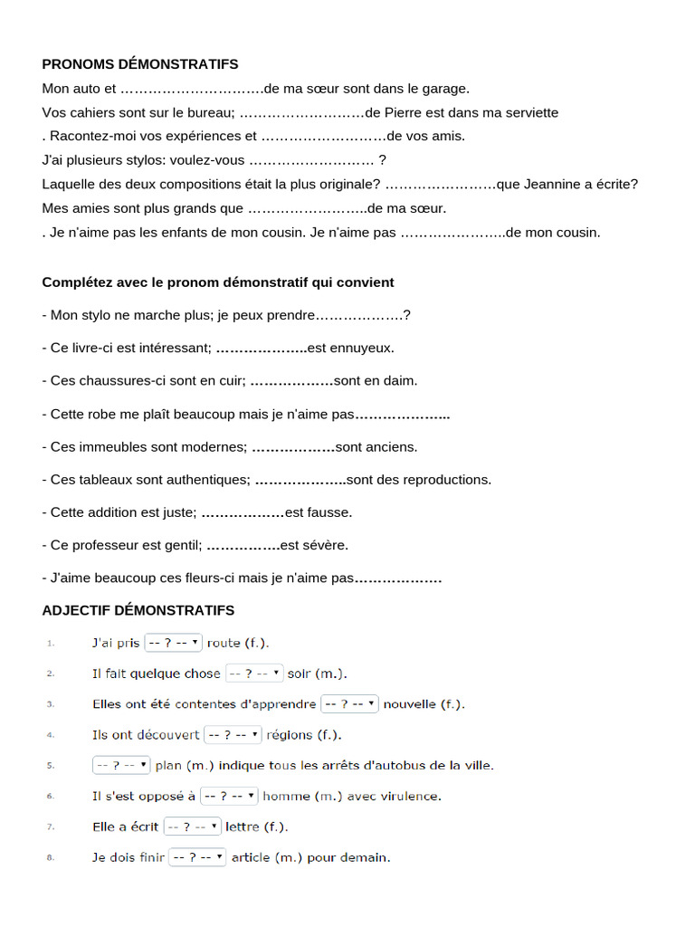 Exercices sur les pronoms démonstratifs | PDF