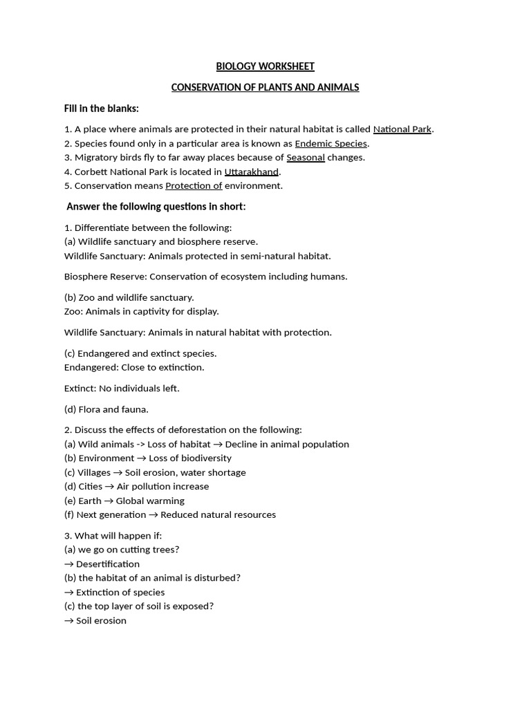 Unit 2 - Conservation of Plants and Animals - Worksheet Answer Key ...