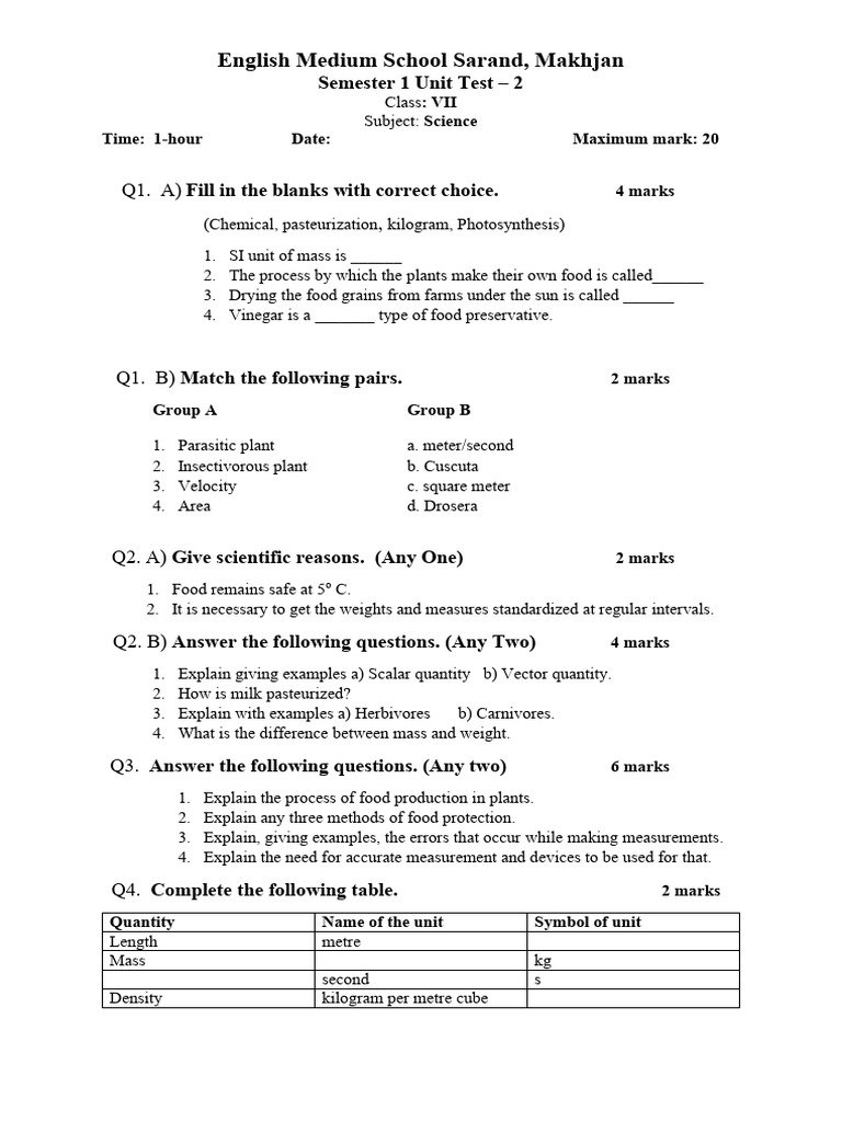 Unit Test 2 Science 7th Standard | PDF