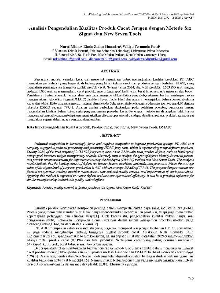 Analisis Pengendalian Kualitas Produk Cacat Jerigen Dengan Metode Six Sigma Dan New Seven Tools ...