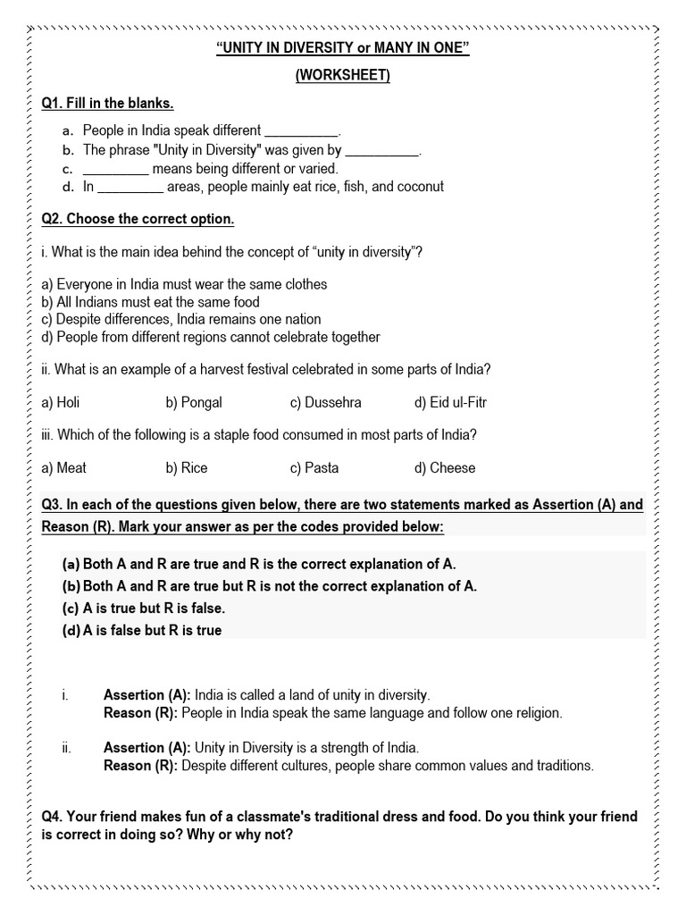 Class 6 Worksheet: Unity in Diversity | PDF