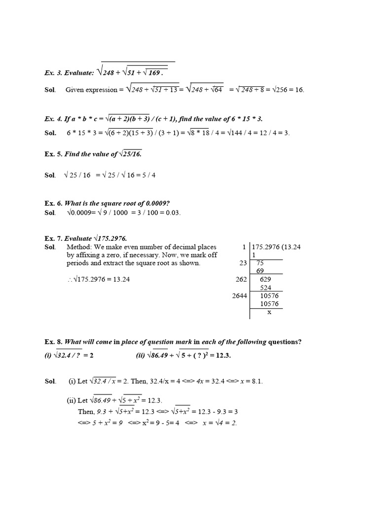 Square Root Evaluations and Solutions | PDF