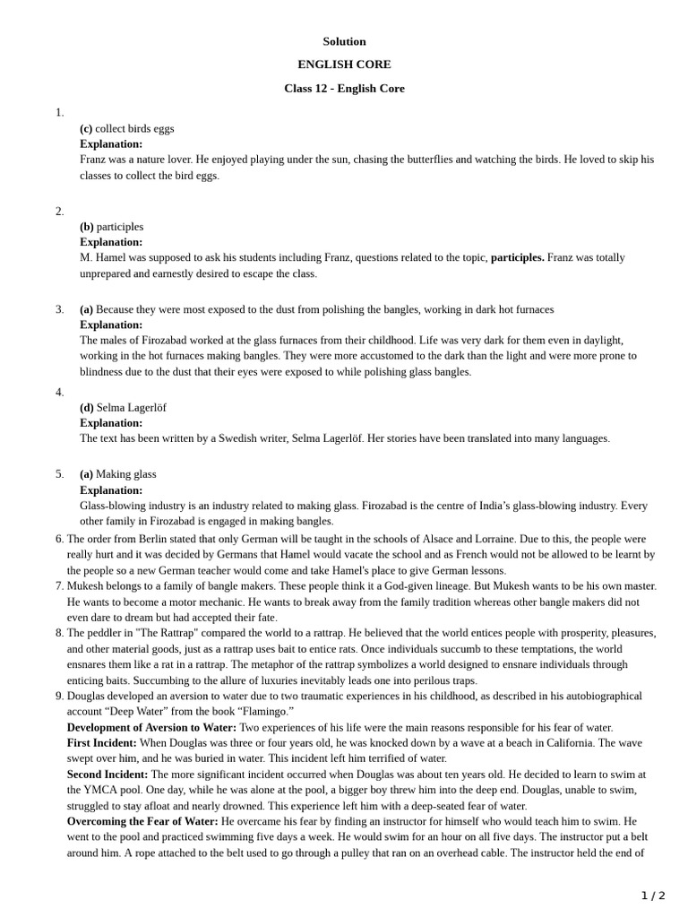 12 English Class Test Flamingo Prose 1 To 5 Answer Key | PDF