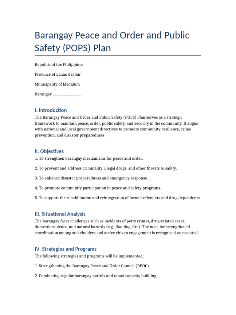 Barangay POPS Plan Sample | PDF | Emergency Management | Safety