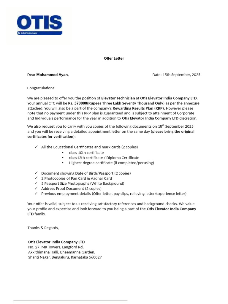 Elevator Technician Offer Letter | PDF | Salary | Payroll