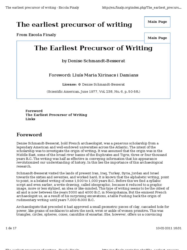 Schmandt-Besserat - The Earliest Precursor of Writing | PDF ...