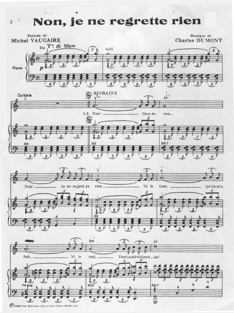 Edith Piaf Non Je Ne Regrette Rien Piano Guitar | PDF