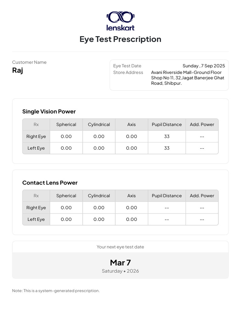Eye Test Prescription for Raj | PDF