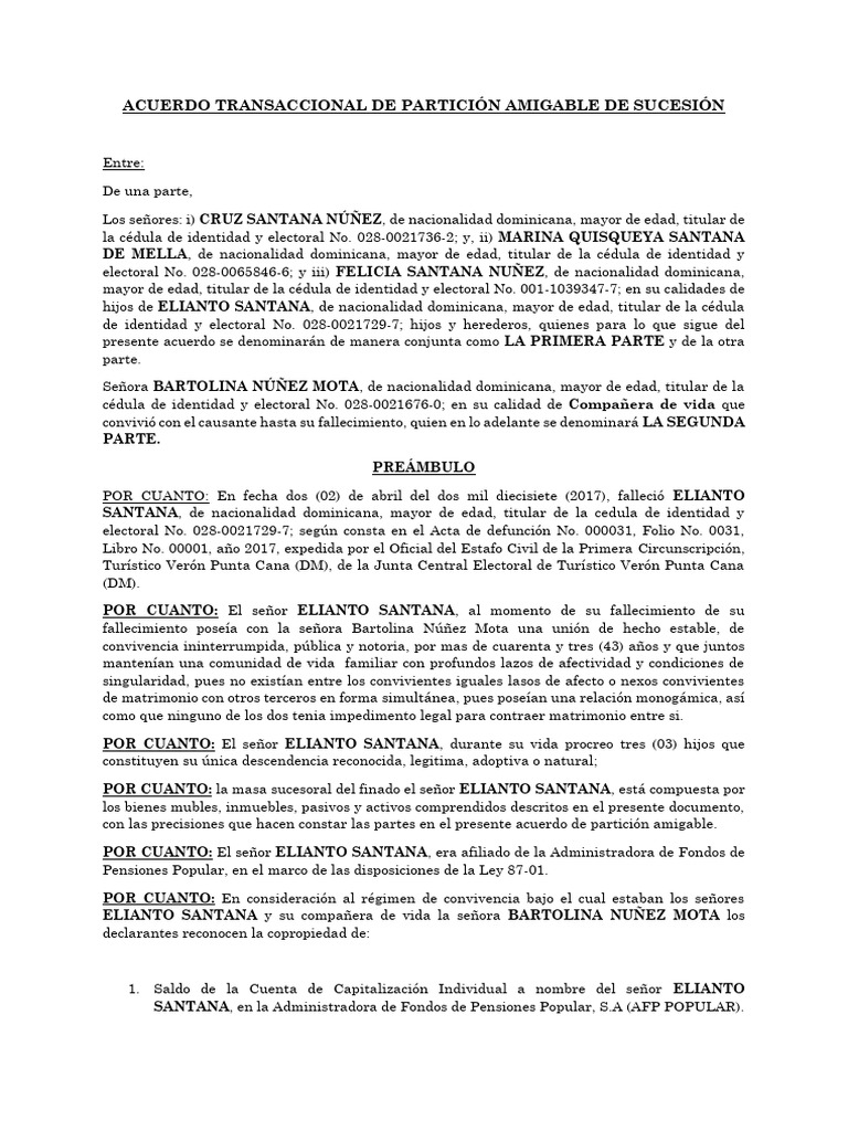 ACUERDO TRANSACCIONAL DE PARTICIÓN AMIGABLE DE SUCESIÓN (Ultima ...