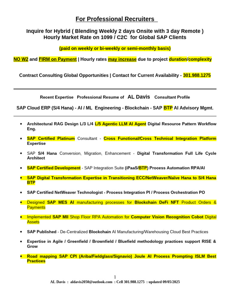 AL Davis SAP BTP AI Blockchain Contract Consultant | PDF | Internet Of Things | Artificial ...