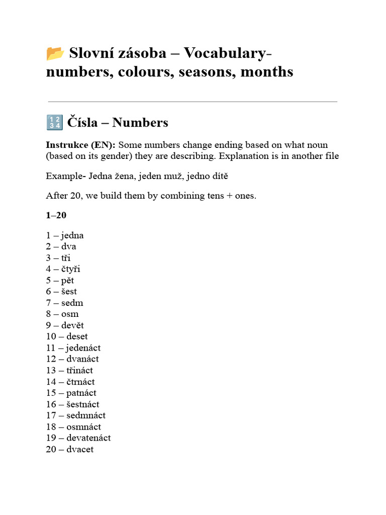 Numbers Week Days Colours Seasons Months | PDF
