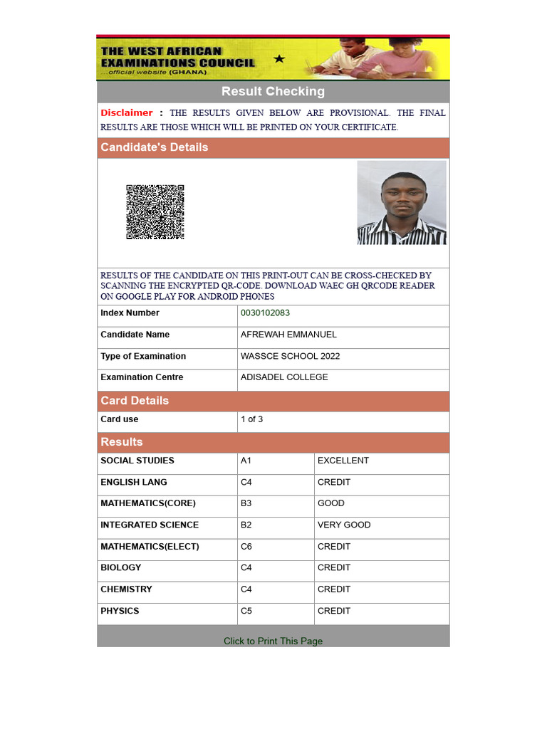 Godfred Affrewah Wassce Results | PDF