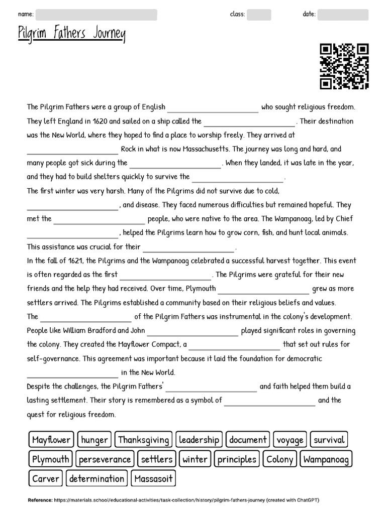 Cloze Text Worksheet 'Pilgrim Fathers Journey' | PDF | Plymouth Colony