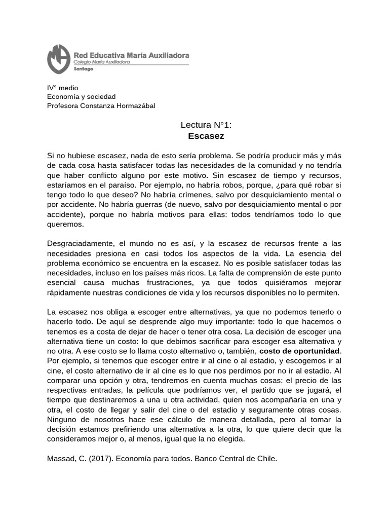 Lectura N°1 - Escasez y Costo de Oportunidad | PDF