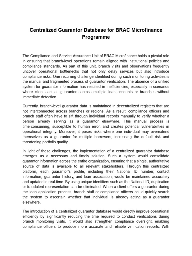 Centralized Guarantor Database Proposal | PDF | Regulatory Compliance ...