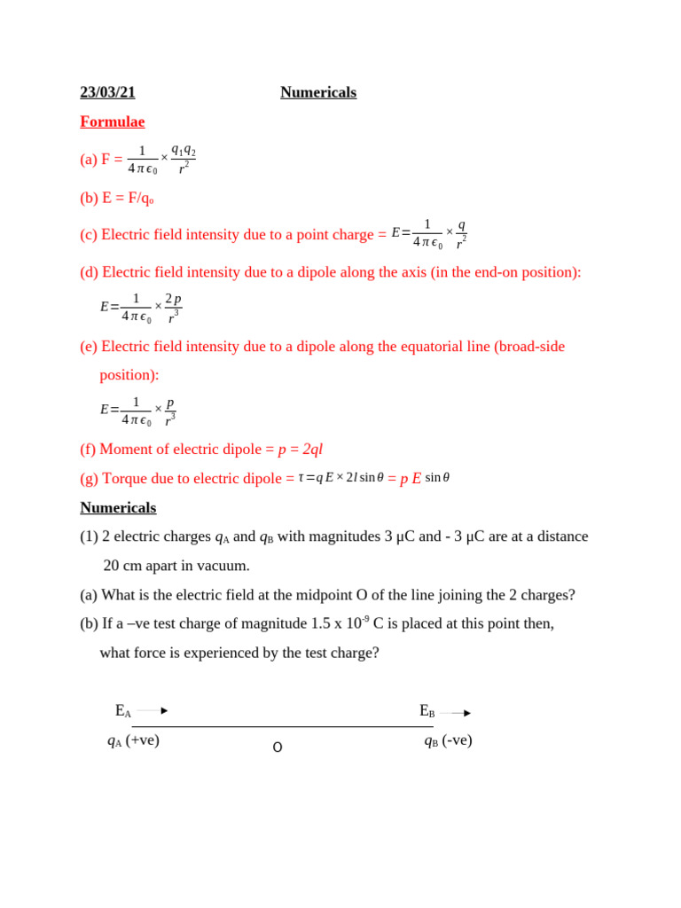 Electric Field Calculations and Formulas | PDF | Dipole | Physical ...