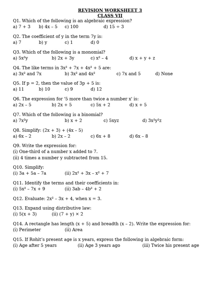 Algebraic Expressions Grade7 Revision Worksheet | PDF