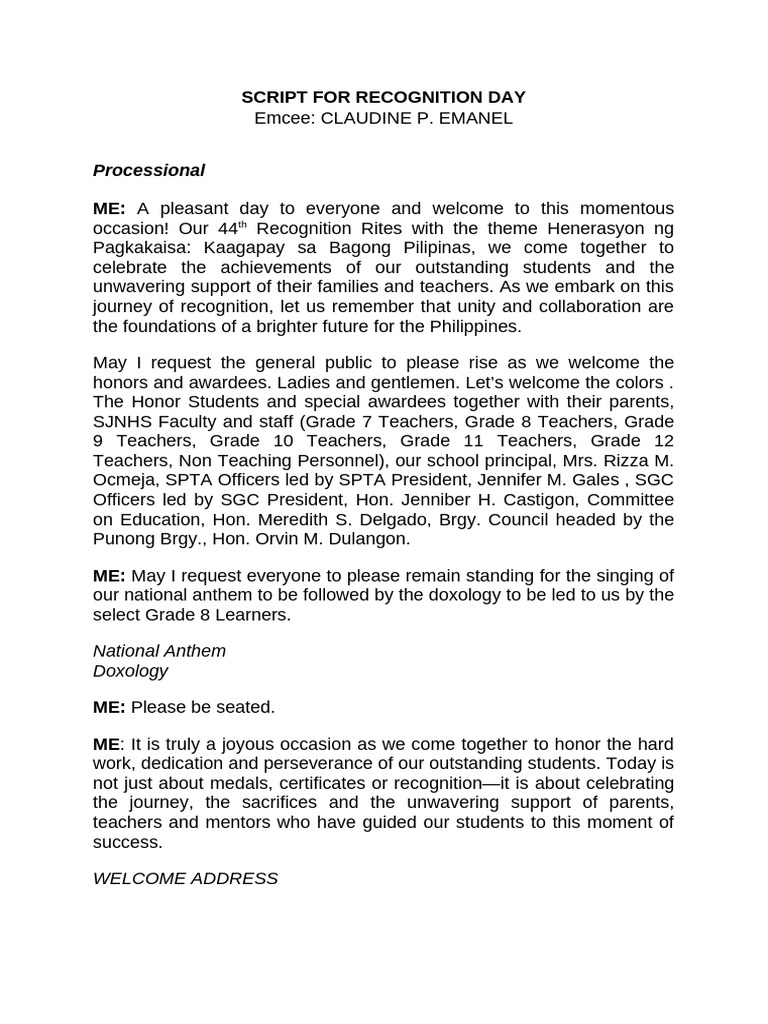 Script for Recognition Day | PDF