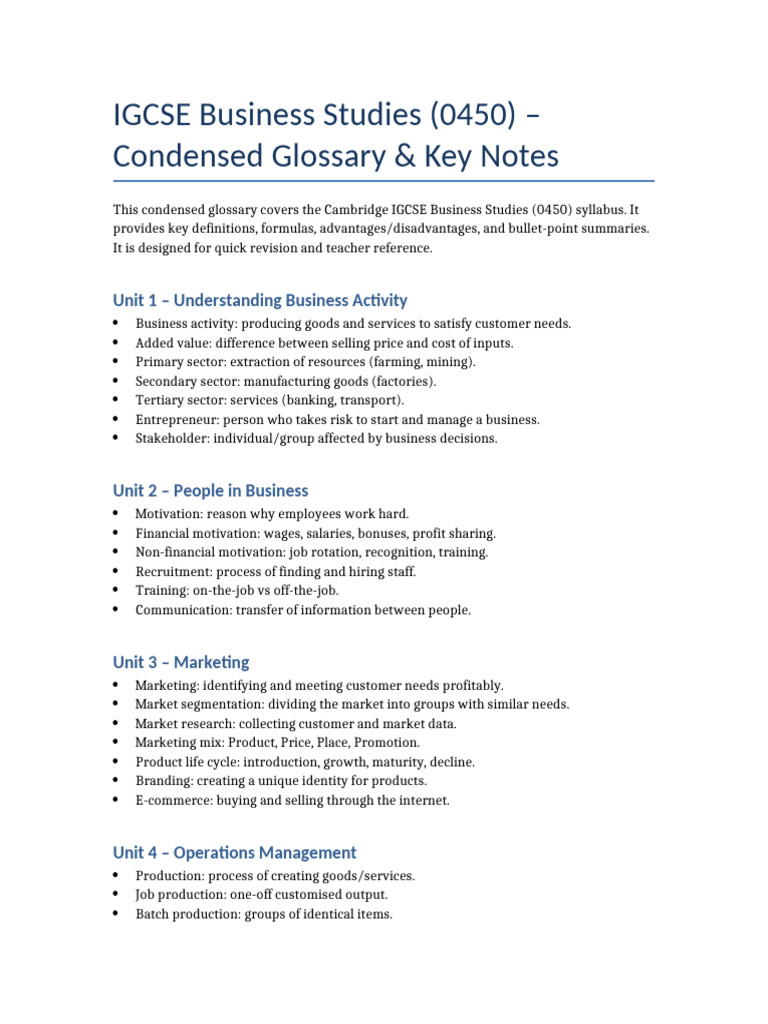IGCSE Business Studies Key Terms Guide | PDF | Marketing | Business