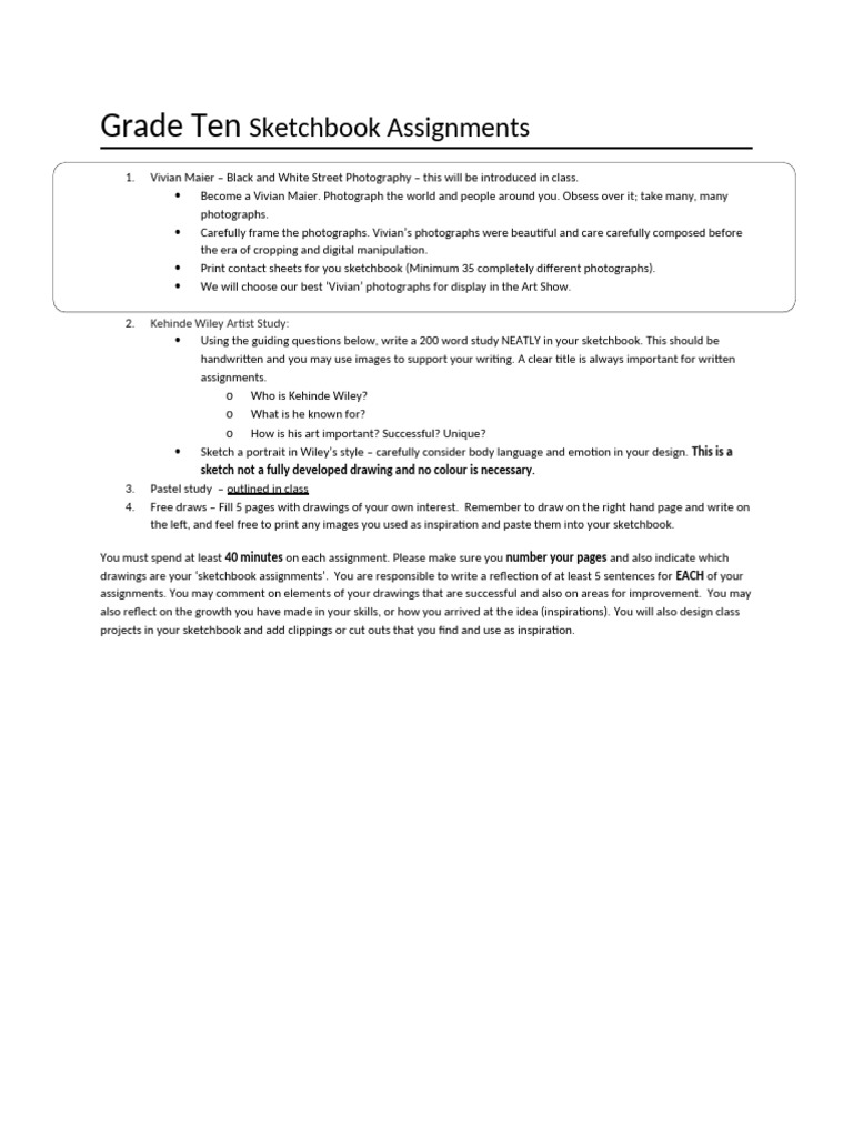 Grade 10 Art Sketchbook Assignments | PDF