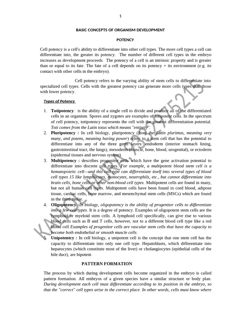 Basic Concepts of Organism Development | PDF | Cell Potency | Cell ...