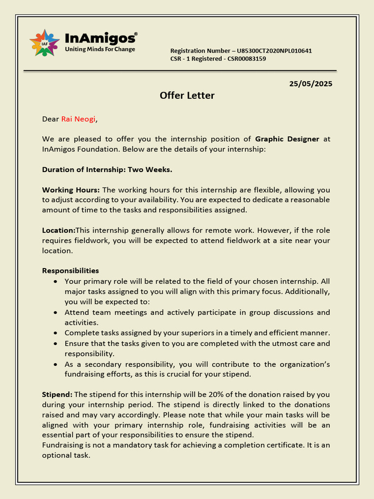 Internship Offer for Graphic Designer | PDF | Internship | Job Hunting